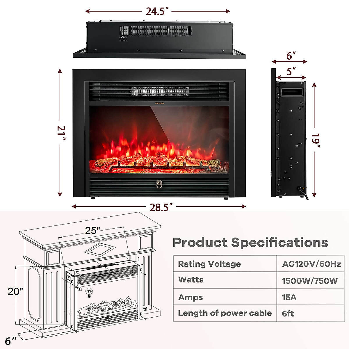 GLACER 28.5'' Electric Fireplace Insert, Recessed & Freestanding with Adjustable Flame Color Timer, Indoor Heater w/Remote Control (750W/1500W) Black…