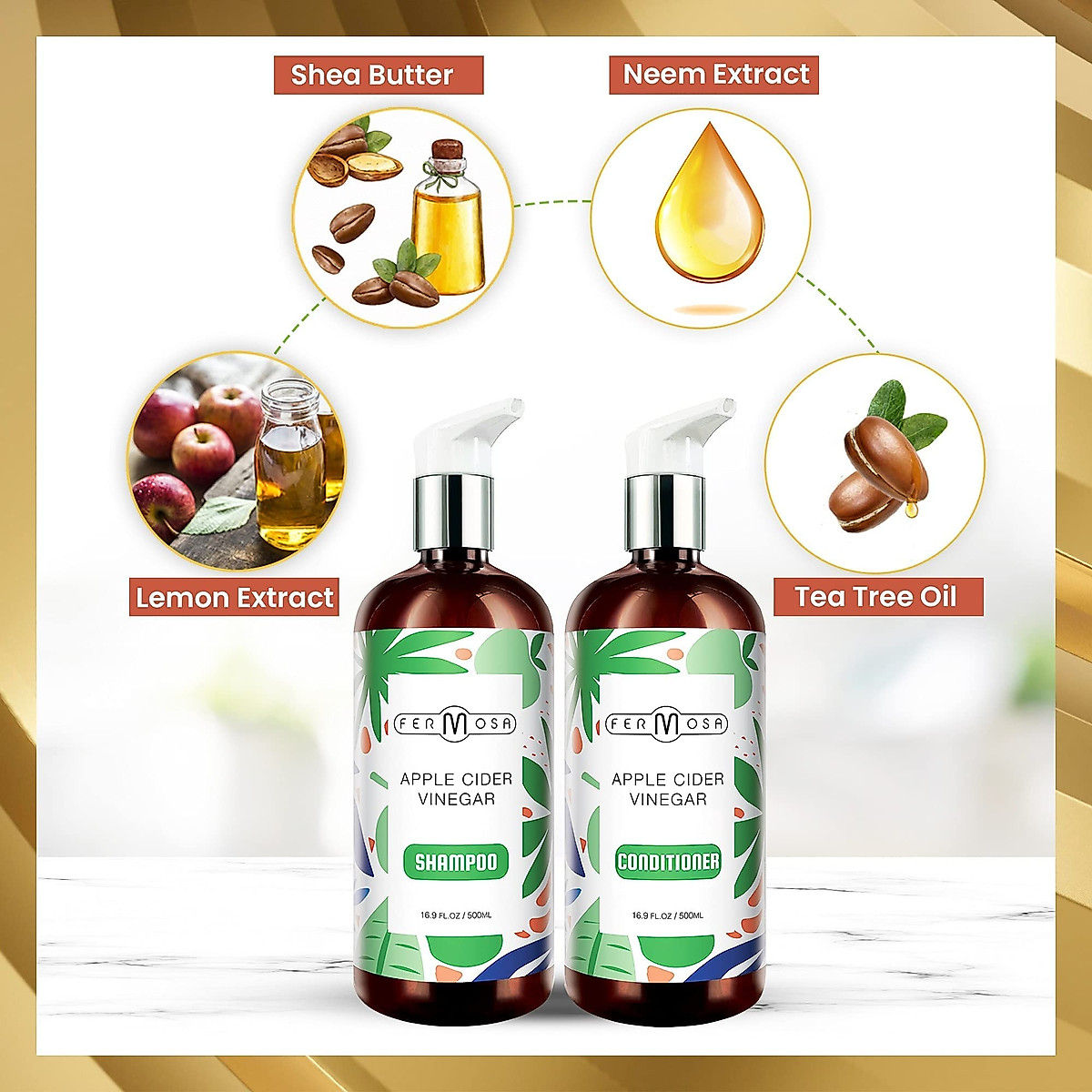 Fermosa Apple Cider Vinegar Shampoo and Conditioner Set - Clarifying Nourishing & Soothing, Reduce Itchy Scalp, Dandruff & Frizz, Adds Gloss, Hydration & Shine, Sulfate Free 16.9oz/ 500ml per bottle