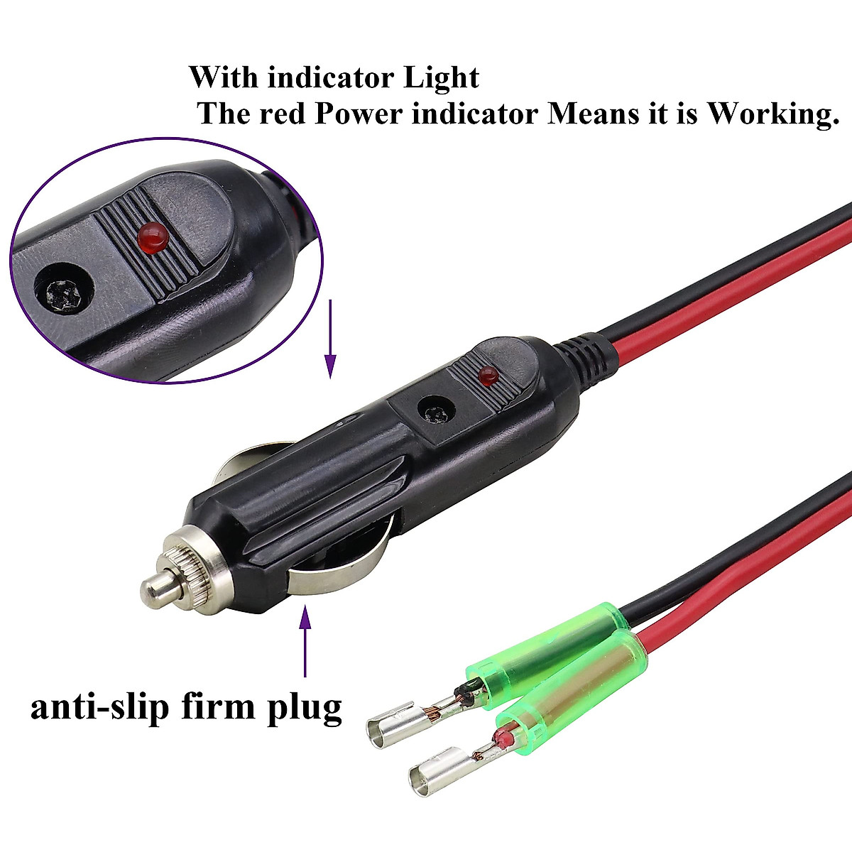 AAOTOKK 12V Male Cigarette Lighter Plug Cable with LED Light,16AWG &10A Fused Replacement Cigarette Lighter Male Plug Adapter to 4mm Interface Leads Plug Extension Cable with Switch(3M/10ft-Leads)