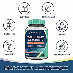 Doctor’s Recipes Magnesium Glycinate, 300mg Elemental Magnesium, Extra Strength, High Absorption, Non-Buffered, Bone, Muscle, Nerve & Energy Support, Non-GMO, No Gluten, Easy On Stomach, 90 Tablets