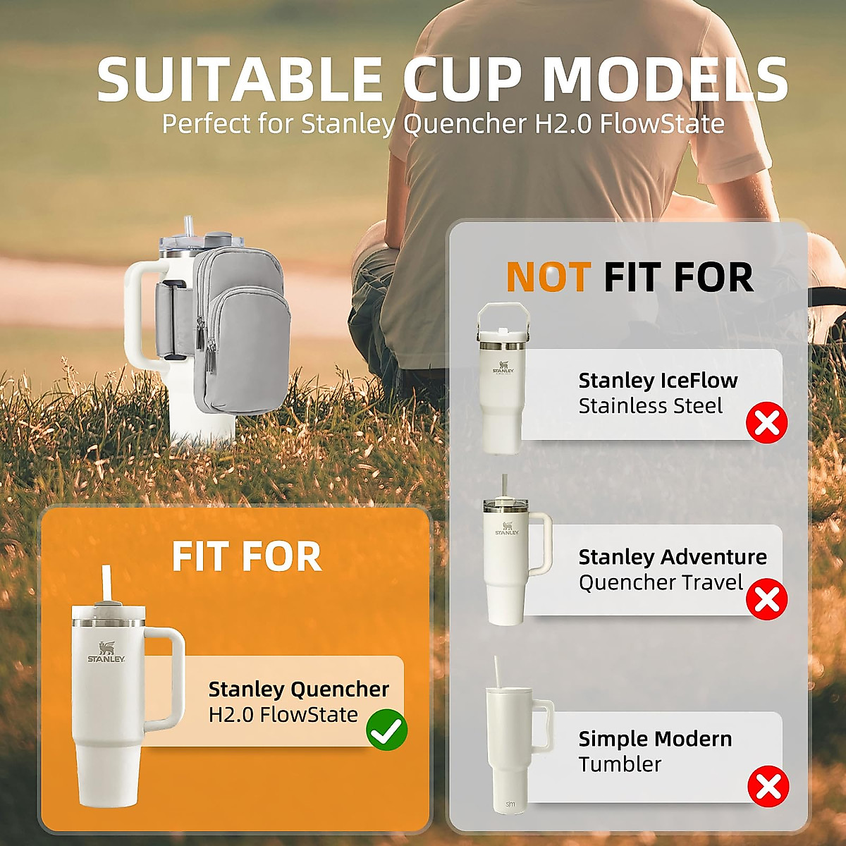 SUITMAT Water Bottle Pouch for Stanley Quencher H2.0 FlowState Tumbler, Large Pouch Bag for Stanley Cup Accessories, Cup Backpack with Multiple Pockets for Phone, Cards, Keys (Bag Only)