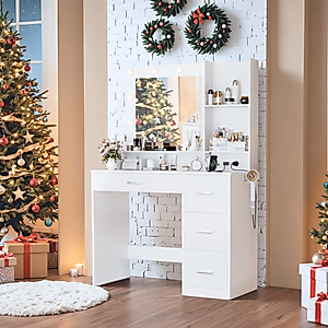 Furmax Vanity Desk with LED Lighted Mirror&Power Outlet, 39.3’’ Makeup Vanity Table with 4 Drawers and 3 Storage Shelves, Adjustable 3 Lighting Colorfor Bedroom&Dressing Room (White)