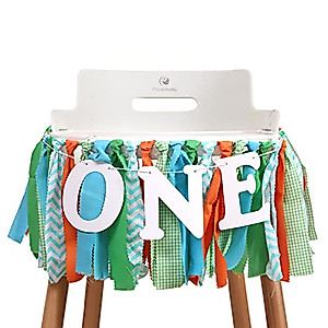 High Chair Banner for 1st Birthday - Highchair Banner for First Birthday Theme Decoration, Cake Smash Photo Prop, Fabric Rag Garland Banner,Guppies, Green, Orange, Rag Tie