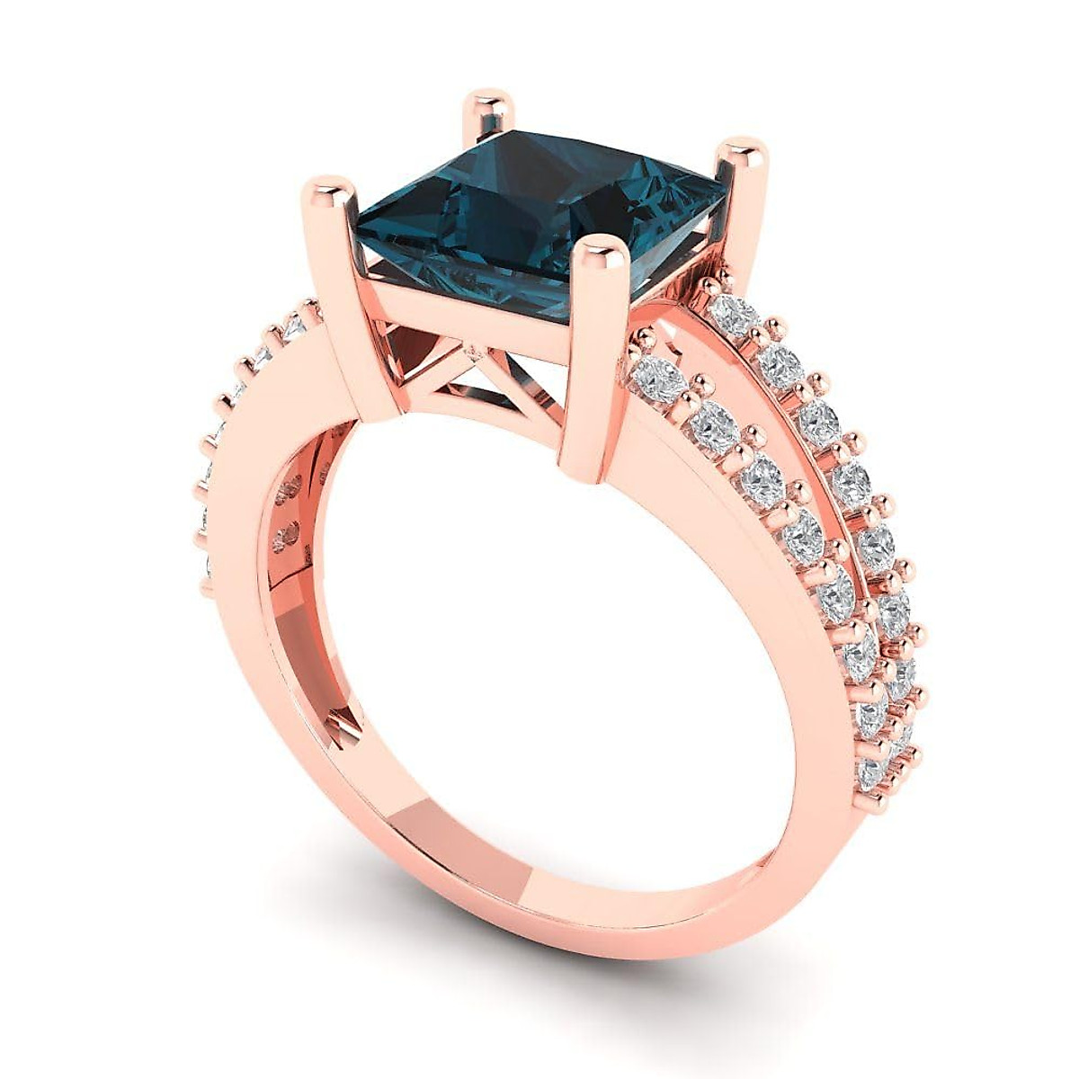 Clara Pucci 2.52 ct Princess Cut Solitaire W/Accent split shank Natural London Blue Wedding Statement Bridal ring 18K Rose Gold 8.5