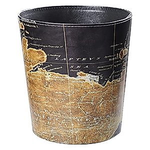 Cabilock Vintage Leather Trash Can Retro World Map Trash Can Decorative Round Garbage Container Toillet Paper Bin for Bathroom Bedroom Kitchen Office