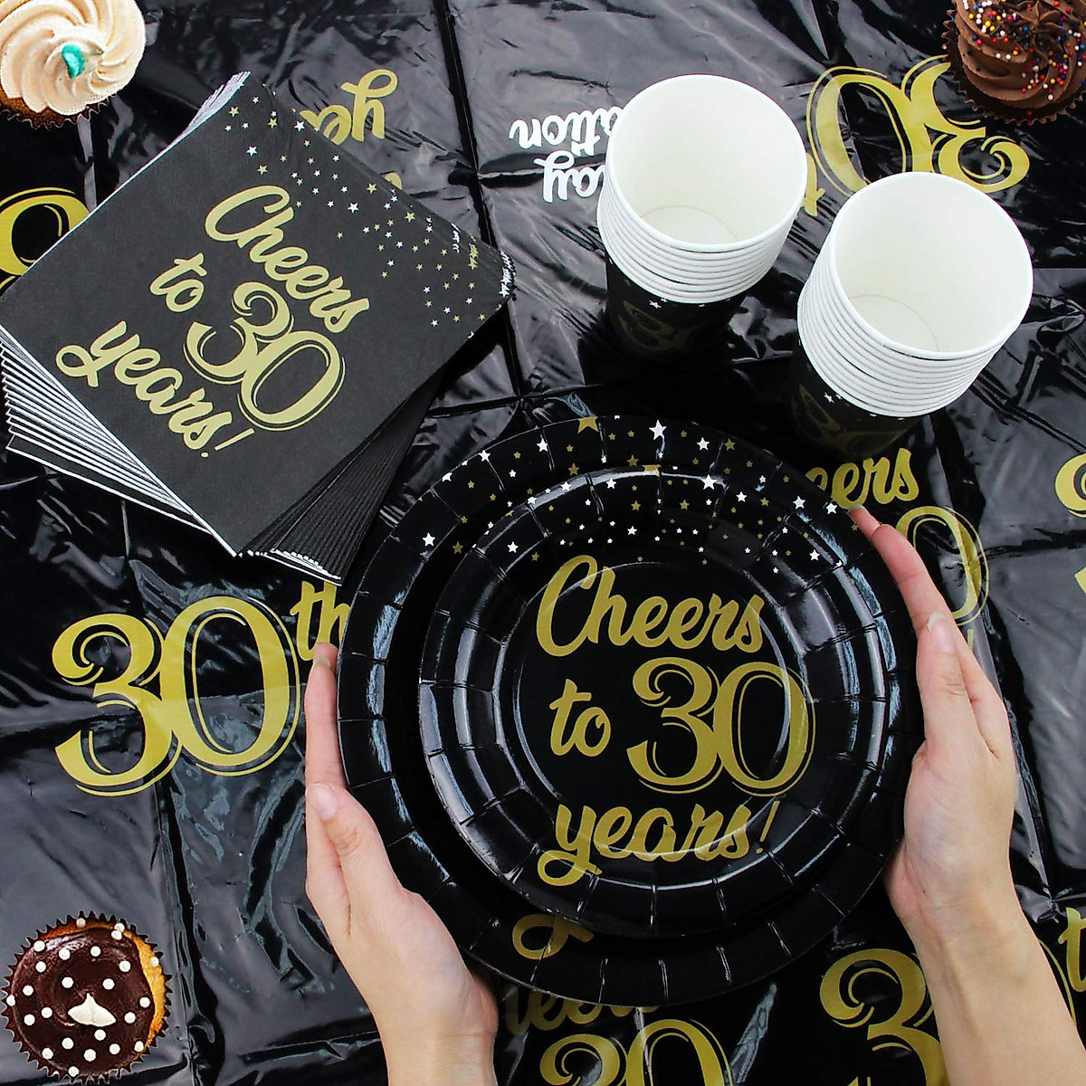 102-Piece 30th-Birthday Party Supplies Set With 30th Birthday Plates and Napkins, Cups, Banner, and Tablecloth, Serves 25. 30th birthday decorations for Men and Women