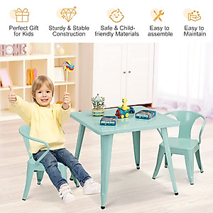 Costzon Set of 2 Kids Steel Chair w/Backrest Industrial Activity Chair, Stackable for Indoor/Outdoor Use, Preschool, Bedroom, Playroom, Steel Chair for Toddlers Boys & Girls (Mint Green, 2 Chairs)