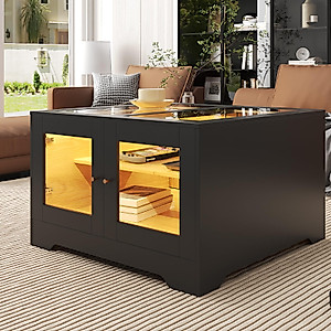Fameill Square LED Coffee Table with Storage Space, Modern Black Wooden Coffee Table with Glass, Living Room Central Table, Cocktail Table for Living Room, Conference Room and Bedroom