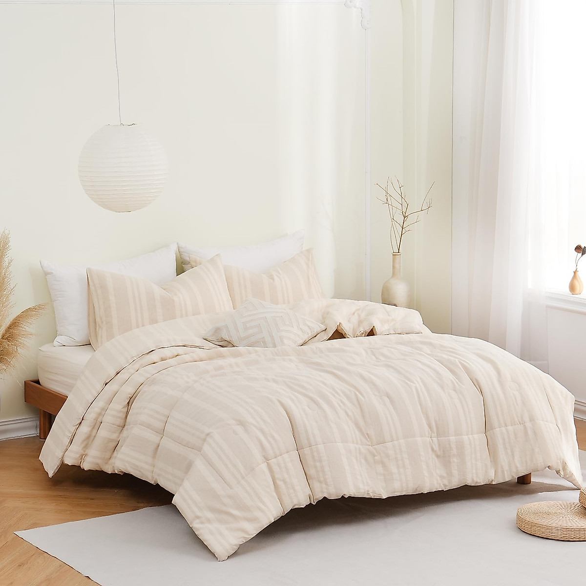 MOVE OVER Striped Linen Comforter Set Queen Linen Cotton Blend Bedding Comforter Set 3 Pieces Wide and Narrow Stripe Design Neutral Style Flax Comforter Set for All Season