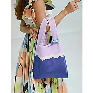 Cute Handbag for Women Aesthetics Crochet Tote Bag Large Capacity Solid Vibrant Color Casual Hobo Bag (Purple, Large)