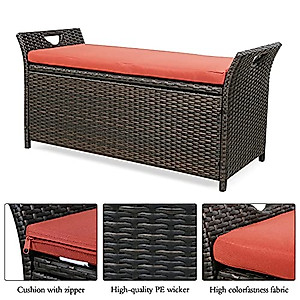 Patio Wicker Storage Bench Outdoor Rattan Deck Storage Box with Cushion (Terracotta)