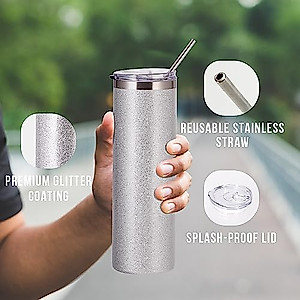 PYD Life Sublimation Tumblers Glitter Blanks Skinny 30 OZ Silver Straight Stainless Steel Tumbler with Lid and Stainless Straw for Tumbler Heat Press Sublimation Oven Printing 4 Pack