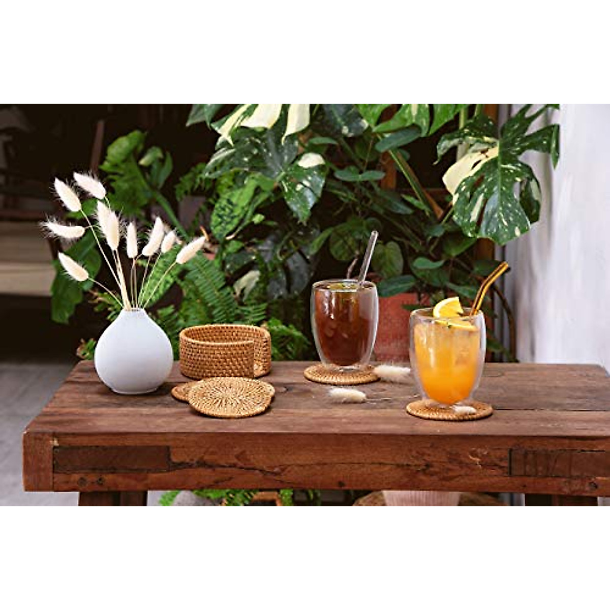 Artera Handmade Natural Rattan Coasters - Round Straw Woven Trivet for Teacup, Wicker Heat Resistant Plate Pad for Hot Pots and Pans, Non-Slip 6 Piece Coaster Set with Holder