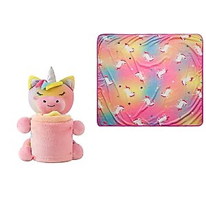 Girl's Unicorn Stuffed Animal Plush Blanket Set - Kids, Security Throw, Snuggle Pet & Comfort Sleeping Toy, Pink