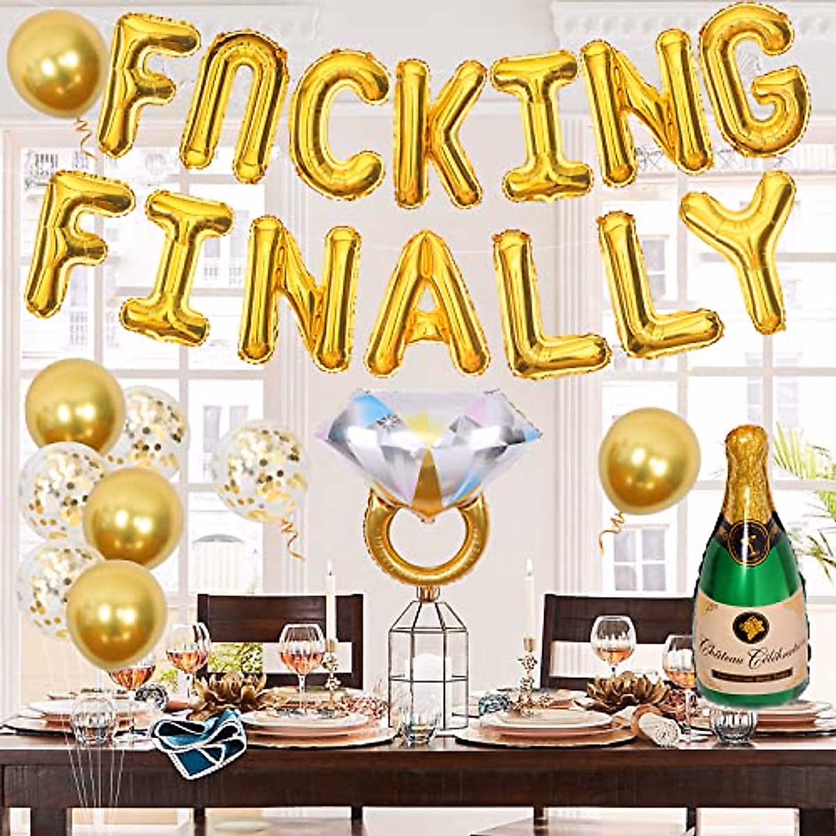 Bachelorette Party Decorations Kit Gold-Fcuking Finally Bachelor Party Decor with Diamond Ring and Champagne Foil Balloons for Engagement Bridal Shower Hen Party Supplies