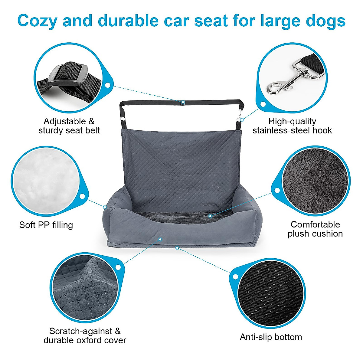 Dlownne Dog Car Seat for Medium Large Dogs, Dog Car Bed Pet Booster Seat with Adjustable Straps Safety Tethers, Multifunctional Dog Travel Bed Car Back Seats Removeable Washable, Fits Pickup Trunk SUV