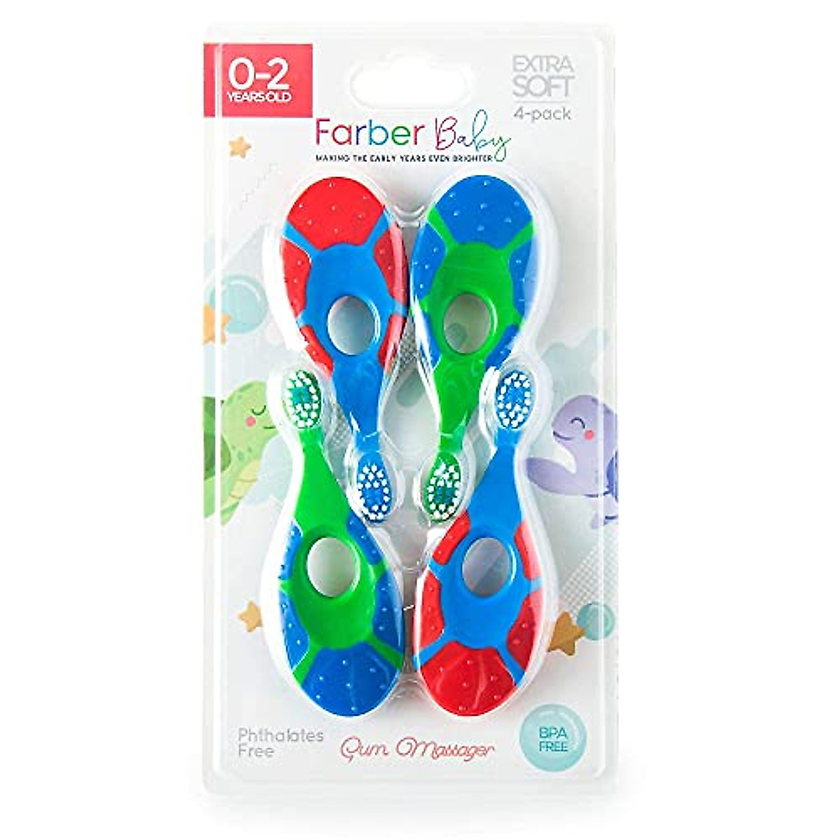 Farber Baby | Toddler Toothbrush (4 Pack) - Extra Soft Bristles, BPA Free, Soothing Teething Nub Ring Handle, 0-2 Years (Blue)