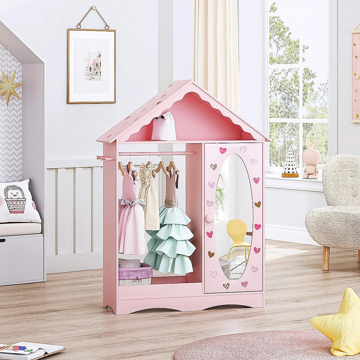 UTEX Kids Dress Up Storage with Mirror, Kids Wardrobe Closet, Dress Up Armoire for Little Girls, Open Hanging Kids Costume Organizer with Storage Cabinet for Kids Room, Playroom