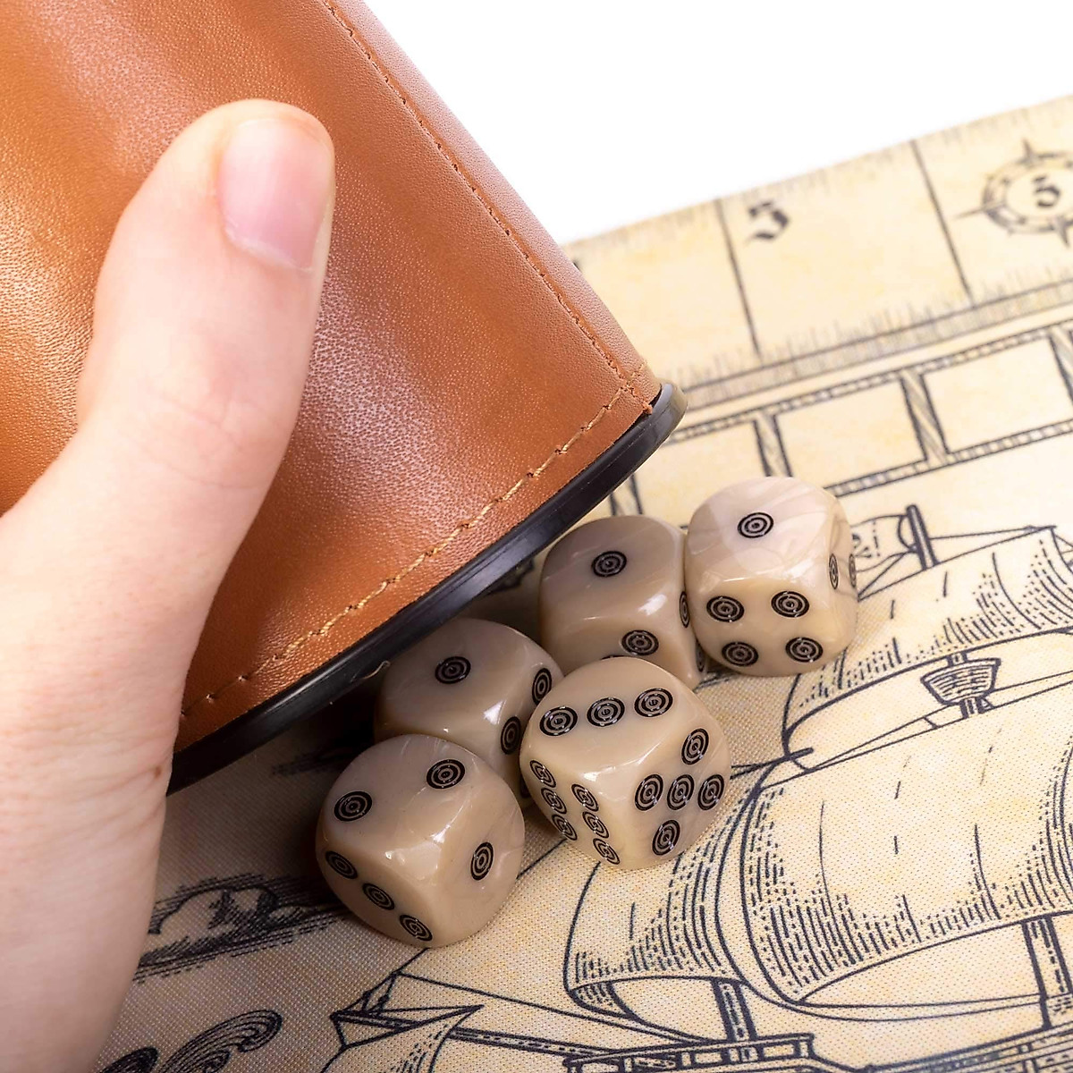 Pirates & Cowboys Family Dice Game Themed Bundle - Liar's Dice and Last Chip Standing Travel-Size Game - Premium Dice Cups, Custom Bullseye Dice, Neoprene Play Mat