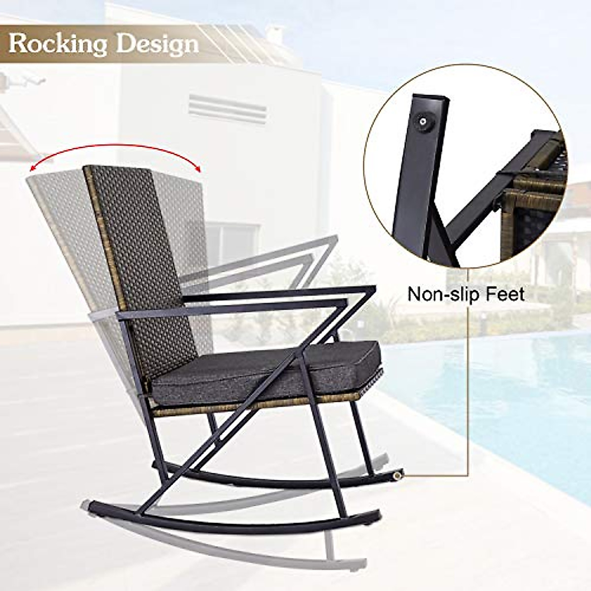 3-Piece Rattan Rocker Chair Outdoor Garden Bistro Set Rocking Chair Wicker Lounge with Cushion and Coffee Table (Dark Grey)