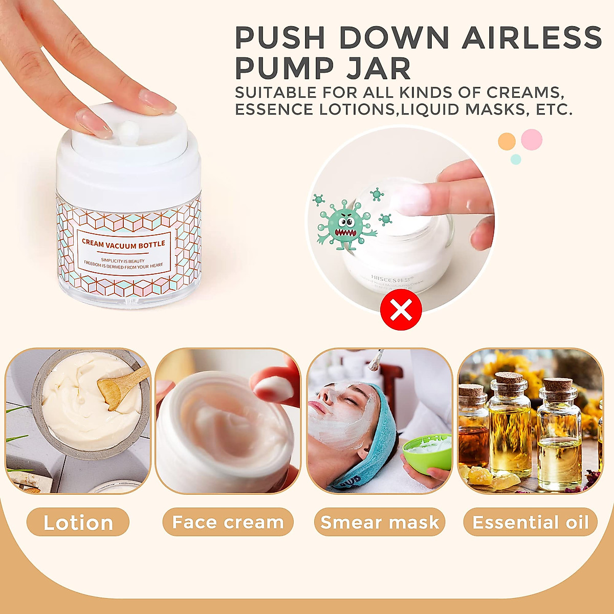 3pcs Airless Pump Jars for Lotions and Creams, 0.5/1/1.7oz Airless Cosmetic Pump Container, Cream Jar Vacuum Bottle Dispenser, Refillable Airless Pump Bottles for Lotions and Creams