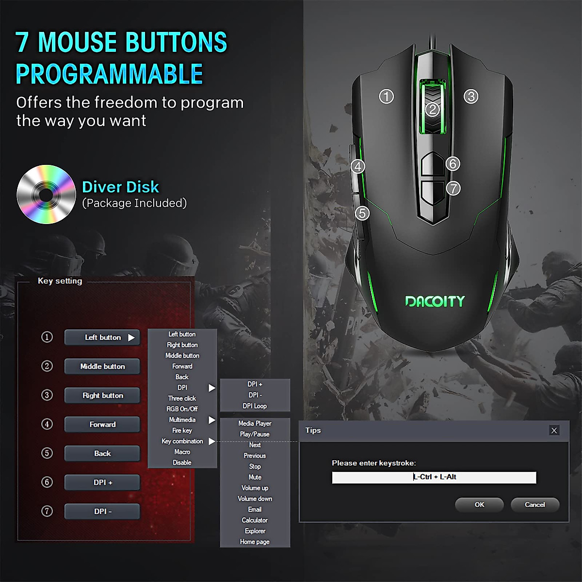 Dacoity Wired Gaming Mouse, PC Gaming Mice Gamer Mouse [RGB LED][7200 DPI][7 Programmable Buttons][Plug Play] USB Ergonomic Mouse for Windows Mac Laptop PC Gamers - Black
