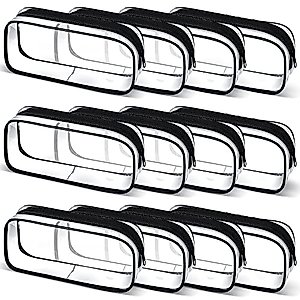 Cindeer 12 Pcs Clear PVC Pencil Bags with Zipper Pencil Pouch Clear Pencil Box Travel Toiletries Bag Makeup Bags Large Capacity Pencil Bag for Office Stationery Travel Storage (Black)