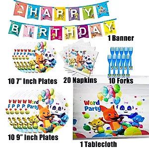 Word Party Birthday Party Supplies Set, Word Party Theme Party Decoration includes Happy Birthday Banner, Tablecover, Napkins, Plates, Forks for Baby, Boys and Girls