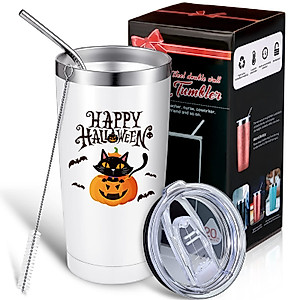 Geiserailie Happy Halloween Tumbler Gift Funny Pumpkin Bat Black Cat Travel Mug 20 oz Vacuum Insulated Tumbler with Stainless Steel Straw and Cleaning Brush for Halloween Party Favor Supply