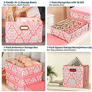 SEEKIND Storage Box, Decorative Storage Bins with Lid,6 in 1 Set,with Handles,Foldable for Space Saving Storage Boxes,for Bras，Clothes, Cosmetic,Blankets (Pink) …