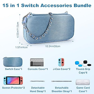 Younik Switch Case for Switch 2017, Denim Switch Carrying Case for Girls, 15 in 1 Accessories kit with Portable Case, Screen Protector, Cover, Thumb Grips Caps, Game Card Case and Strap