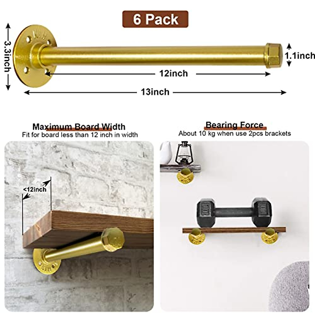 Pintuson 6 Pcs Industrial Pipe Clothes Bar 12 Inch - Wall Mount Clothing Rack - Face Out Closet Rods for Hanging Clothes Commercial Retail Boutique Laundry Shirt Display - Golden