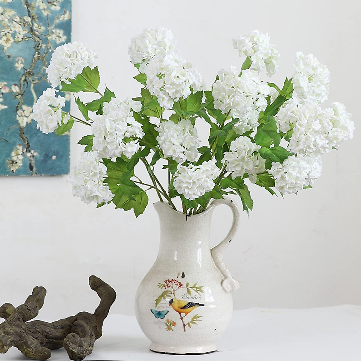YalzoneMet 4 Pcs 26.8'' Viburnum Artificial Flower Snowball Lifelike Long Stem Real Touch White Small Hydrangea Latex Flower for Home Christmas Decoration Table Centerpieces Floral Arrangements