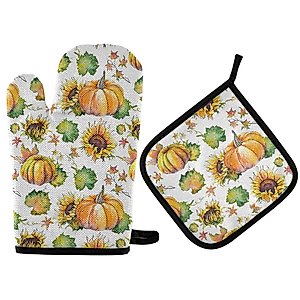 Autumn Pumpkin Sunflower Thanksgiving Oven Mitts and Pot Holders Fall Harvest Oven Mitts Potholders Mittens for Kitchen Cooking BBQ Baking Bakeware