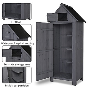 VINGLI Outdoor Wooden Storage Shed, Garden Shed Outside Tool Cabinet with Safety Latch, Patio Storage Organizer (Dark Grey)