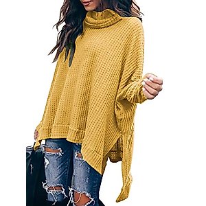 MILLCHIC Women's Casual Waffle Shirt Long Batwing Sleeve Oversized Pullover Sweater Knit Jumper Loose Sweater Tunic Tops 8M3-huangse-M1