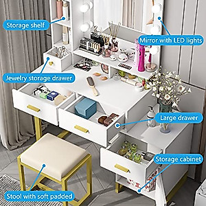 PAKASEPT Makeup Desk with Mirror and Lights, Desk and Chair, Vanity Table Set with Cushioned Stool, Shelves & Drawers, Storage Cabinet for Bedroom, White