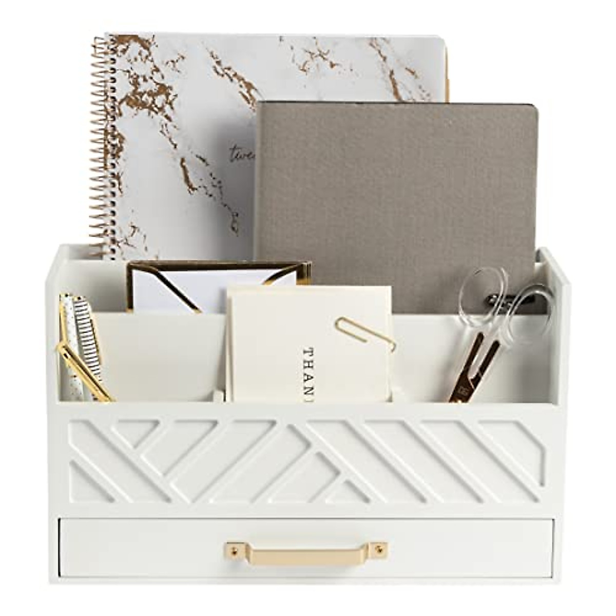 BLU MONACO White Wooden Desk Organizer with Drawer and Gold Handle - Desk Organizers and Accessories for Office Organization and Storage - Home, Office and Classroom Desk Supplies and Organizers