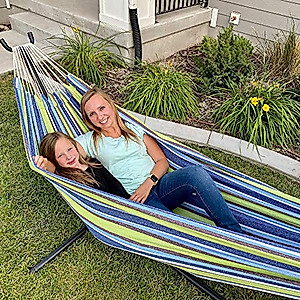 Prime Garden Cotton Rope Hammock with Space Saving Steel Hammock Stand, 2 Person Double Freestanding Hammock with Carry Bag for Outdoor Patio Yard Backyard 450 lb Capacity Oasis Stripe