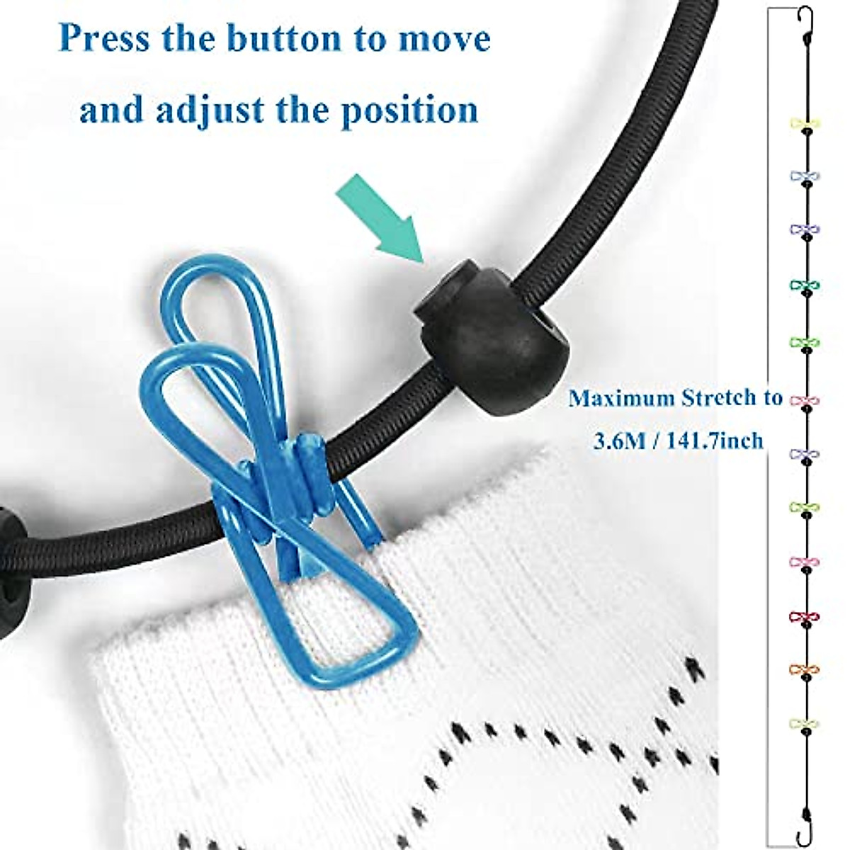 Travel Clothesline with 12 Clothespins, Windproof Portable Clothesline for Outdoor Travel Gadgets, Camping Accessories, Indoor Laundry Drying, RV Accessories, Junvaia Stretchy Retractable Clothes Line