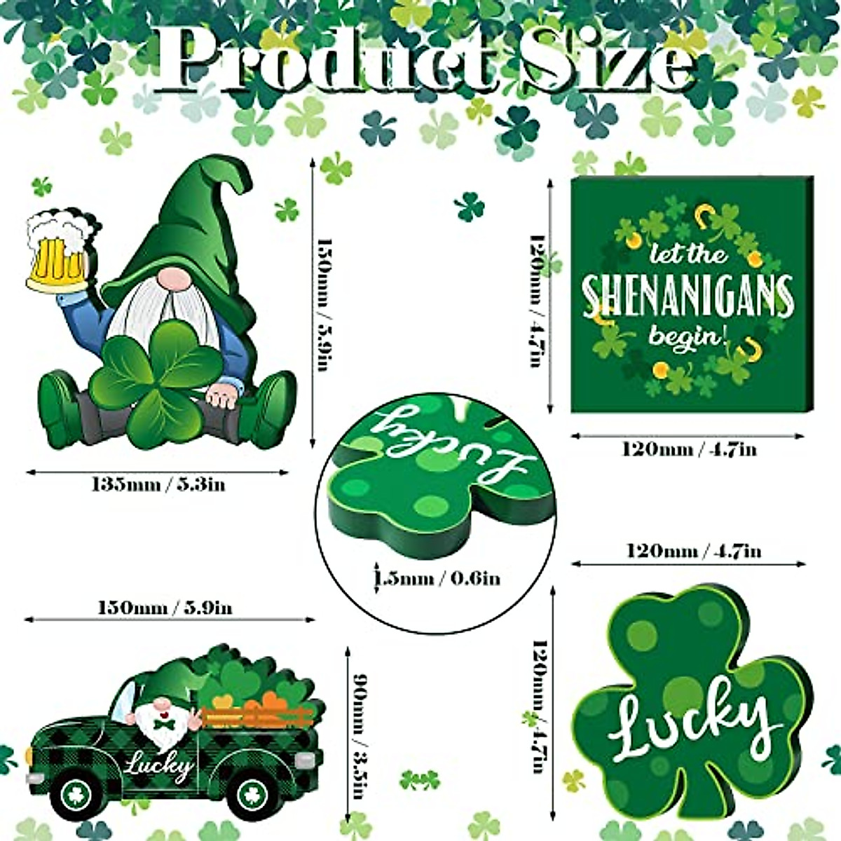 4 Pieces St. Patrick's Day Table Decor Wooden Sign Lucky Shamrock Table Sign Green Gnome Truck Table Centerpiece Freestanding Clover Letter Sign Table Decoration for Irish Holiday Party Decor