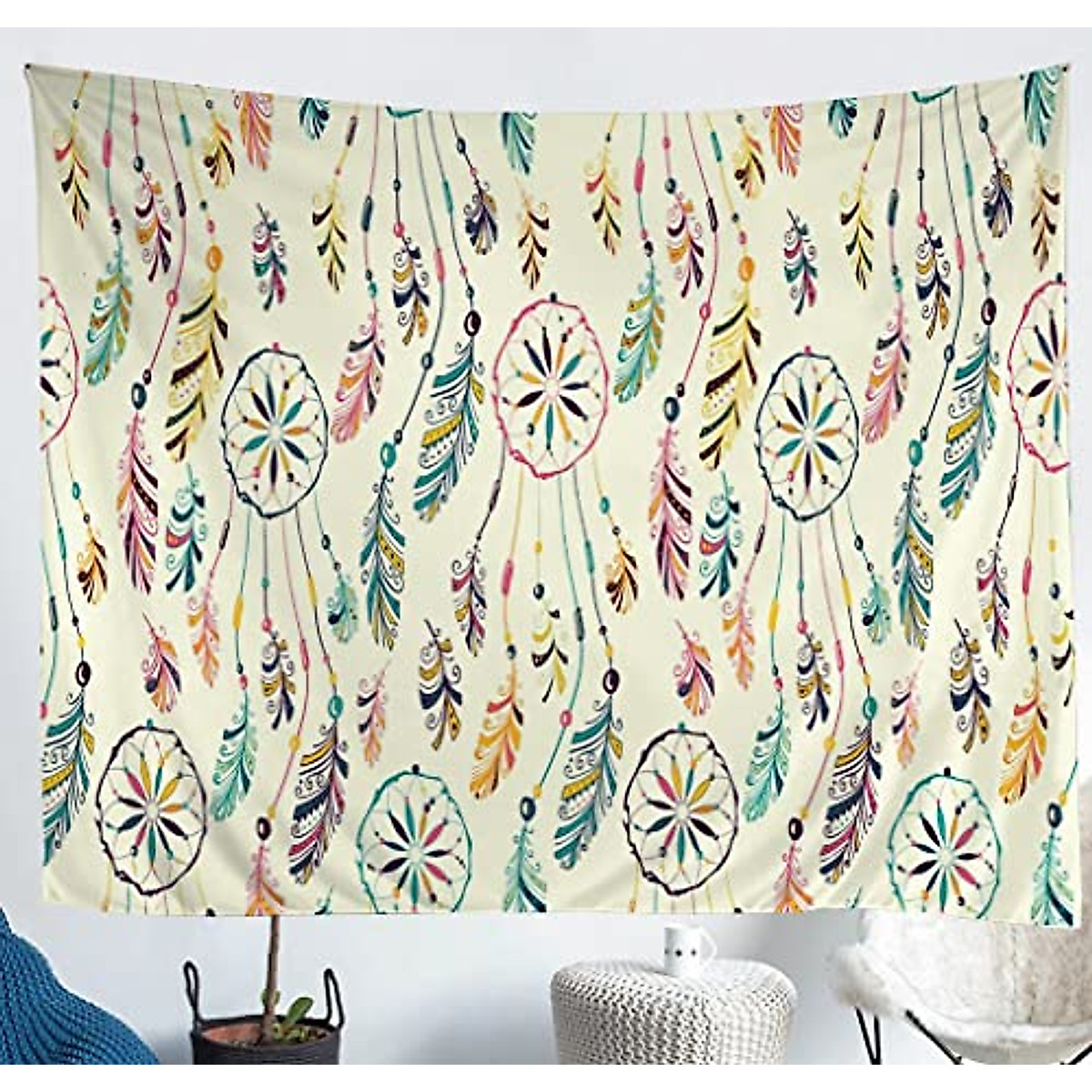 Erosebridal Feather Fabric by The Yard, Dream Catcher Upholstery Fabric, Boho Style Decorative Fabric for Upholstery and Home Accents, DIY Art Hand Drawnupholstery Fabric for Chairs, 3 Yards