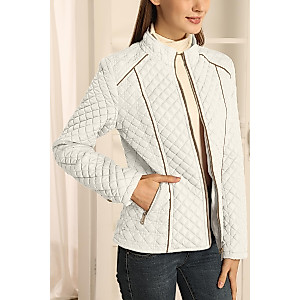 Bellivera Women's Stand Collar Lightweight Quilted Puffer Jacket Padded Zip Coat for Spring and Winter 087 White L