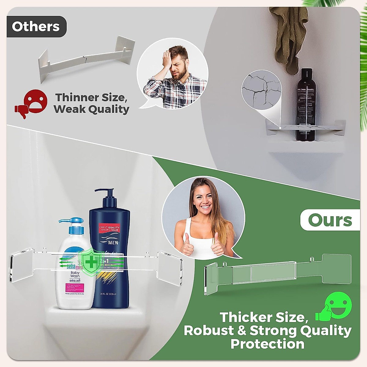 ENONCI RV Accessories for Inside Clear, Camper Must Haves, Shower Corner Storage Bar with 2 Razor Hanger, Adjustable Acrylic for Corner Shelves Length 8-14 inches Applicable for Most RV Camper