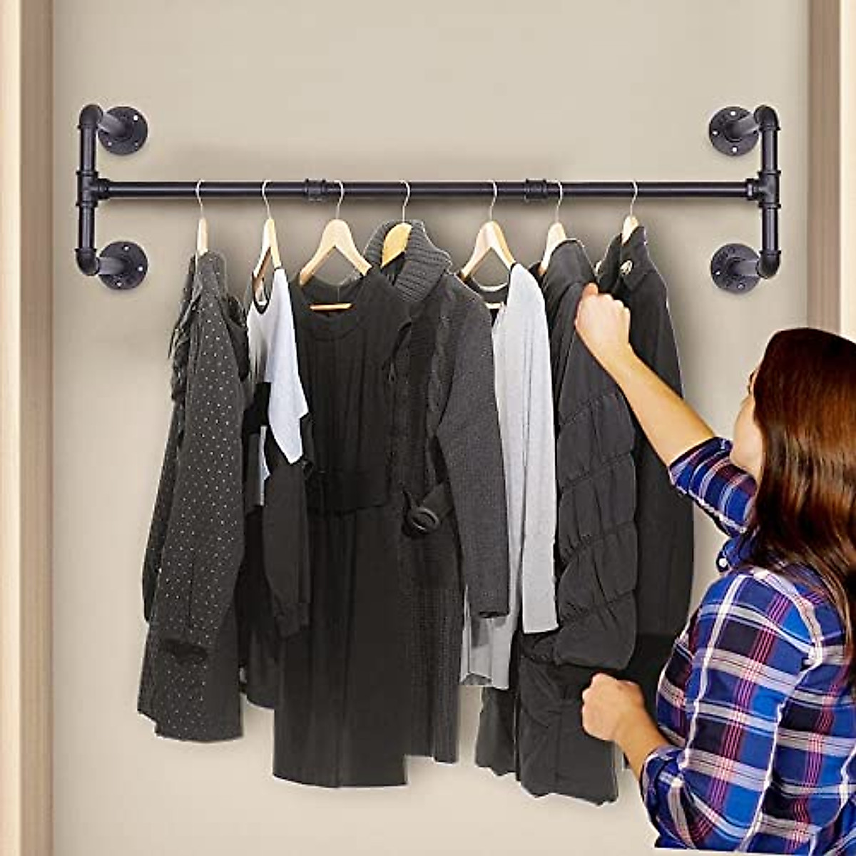 Industrial Pipe Clothes Racks, Wall Mounted Garment Racks, Space-Saving Display Hanging Clothing Racks, Heavy Duty Steampunk Detachable Multi-Purpose Hanging Rod for Closet Storage, Black (Black)
