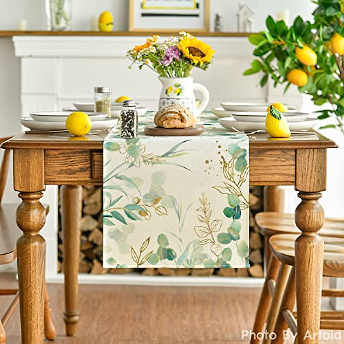 Artoid Mode Beige Greenery Eucalyptus Summer Table Runner, Spring Seasonal Anniversary Holiday Kitchen Dining Table Decoration for Indoor Outdoor Home Party Decor 13 x 72 Inch