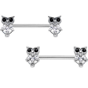 Body Candy Steel Clear Black Accent Wide Eyed Owl Barbell Nipple Ring Set of 2 14 Gauge 9/16"