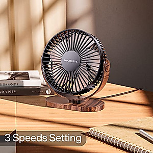SmartDevil USB Small Desk Fan, 3 Speeds Portable Desktop Table Fan, 90° Adjustment Personal Mini Fan, Quiet Operation, for Home Office Car Outdoor Travel (Black Wood Grain)