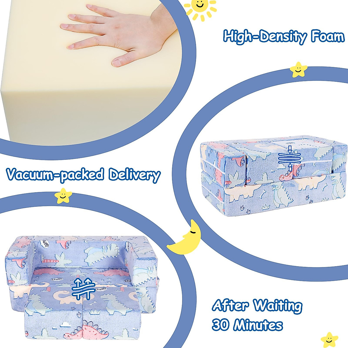 MAMIZO Kids Sofa Couch, Modular Toddler Couch Dinosaur Glow in Dark, Fold Out Play Plush Foam Chair, with 2 Ottomans 1 Side Pocket Soft Furniture Indoor Playroom Nursery Boys Girls