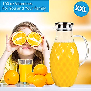 Large Glass Pitcher with Lid and Spout - 100 Ounces Big Cold and Hot Water Carafe with Unique Glass Diamond Pattern, Beverage and Water Pitcher for Homemade Iced Tea and Juice.